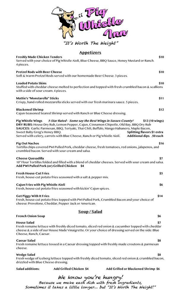 Menu at Pig Whistle Inn restaurant, Newton