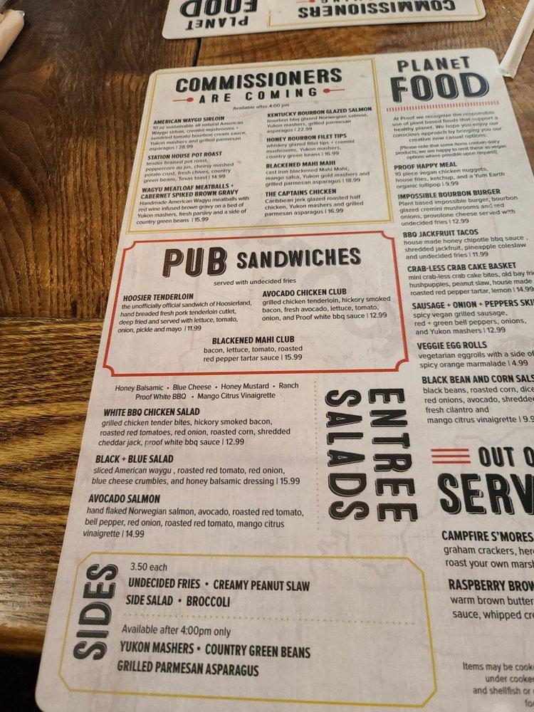 Menu at Proof 124 Table and Tavern pub & bar, Lawrenceburg