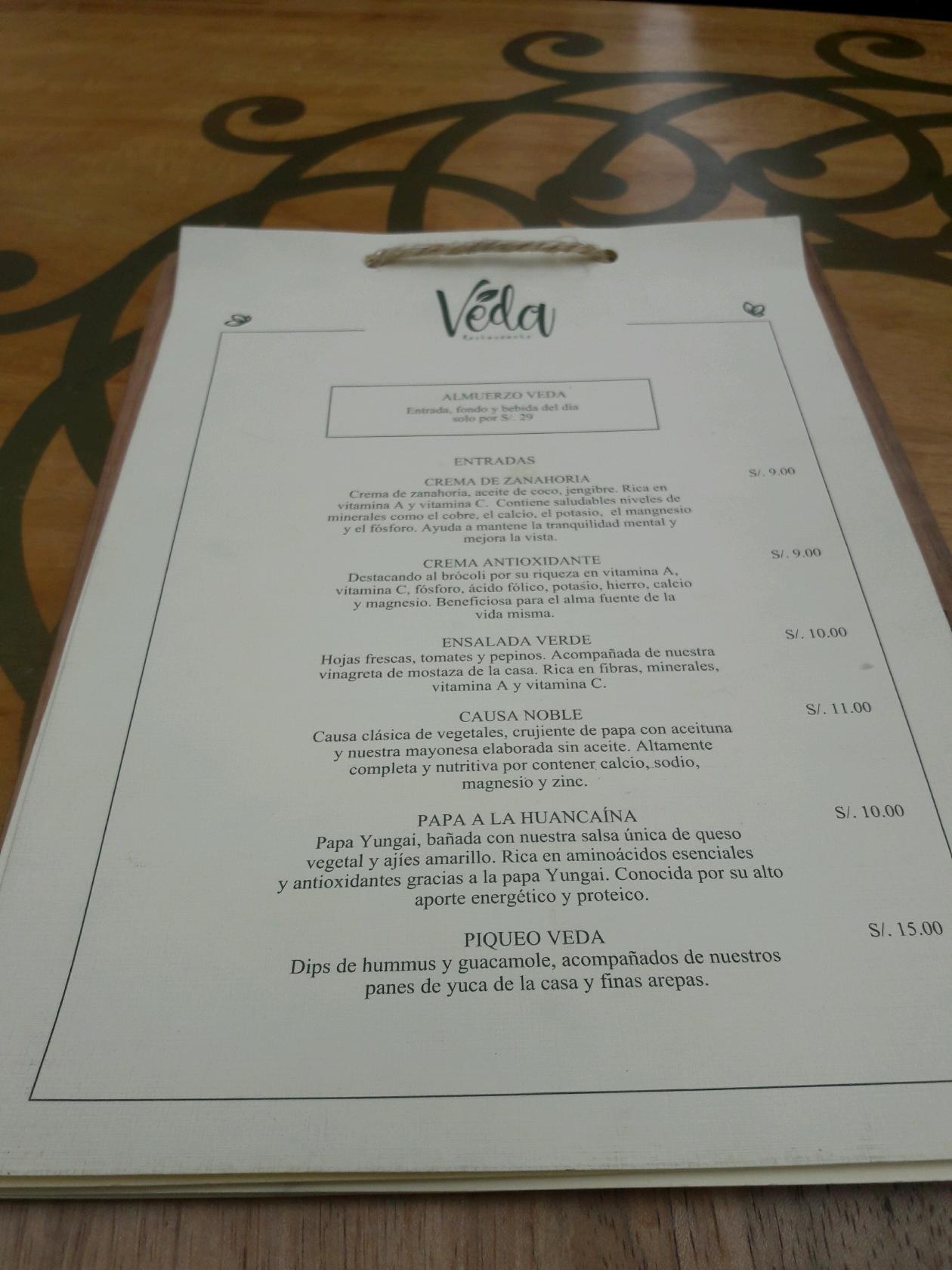 Menu at Veda Restaurant, Miraflores