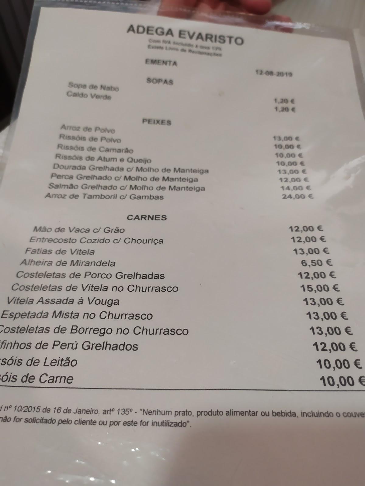 Menu em Adega Evaristo restaurante, Aveiro