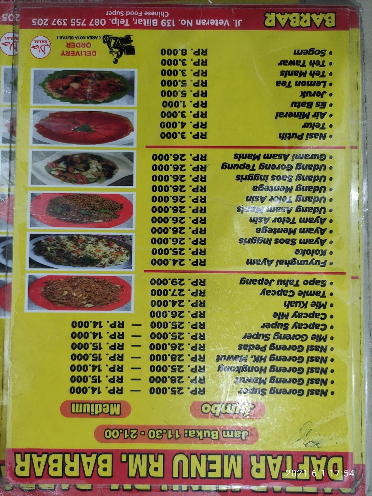 Menu at Barbar Chinese Food Super blitar, Blitar