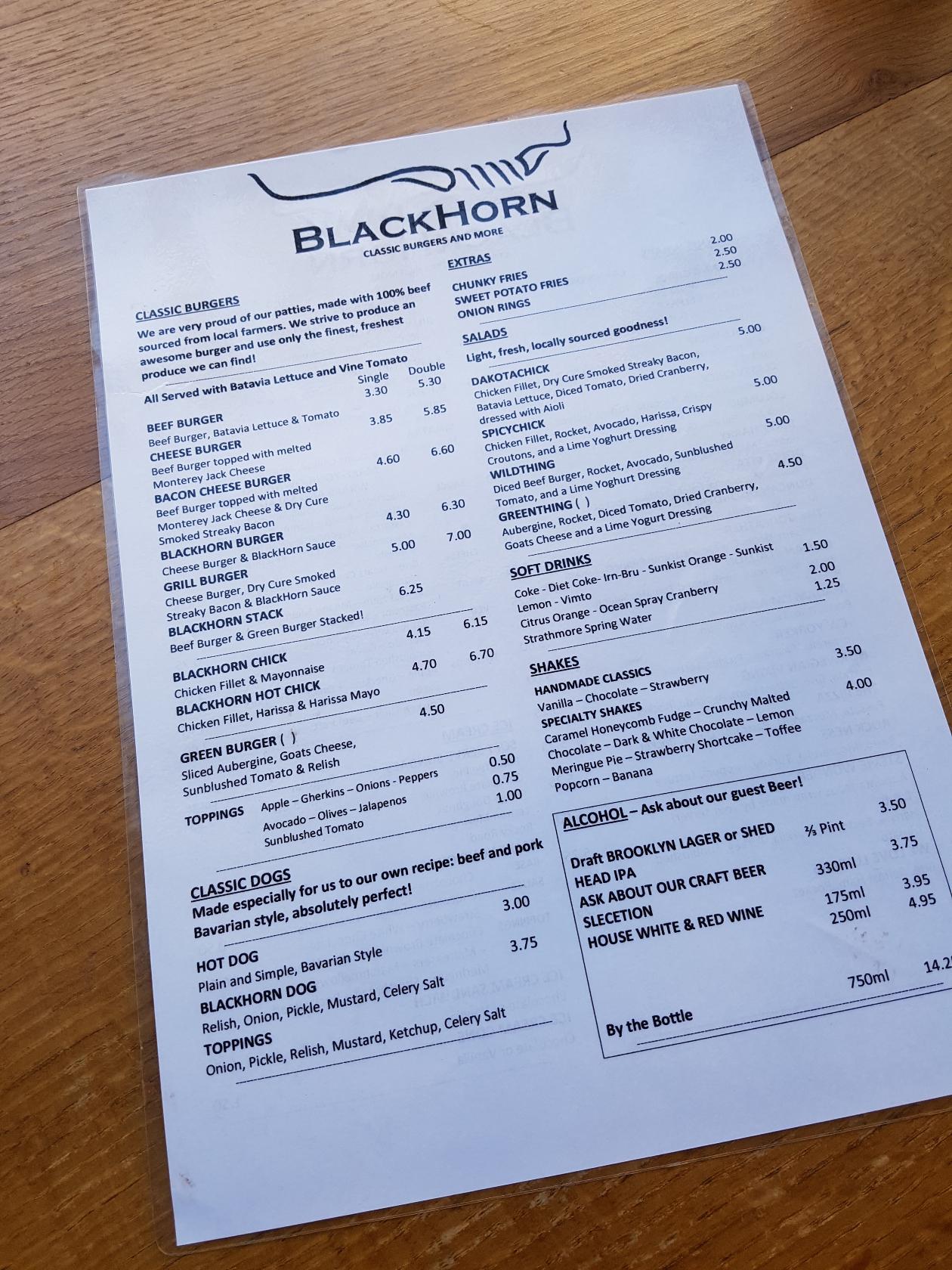 Menu at BlackHorn Burgers restaurant, Saint Andrews