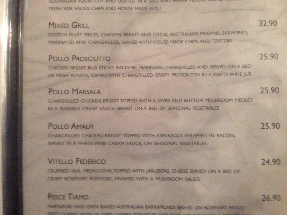 Menu at Café Fellini restaurant, North Adelaide