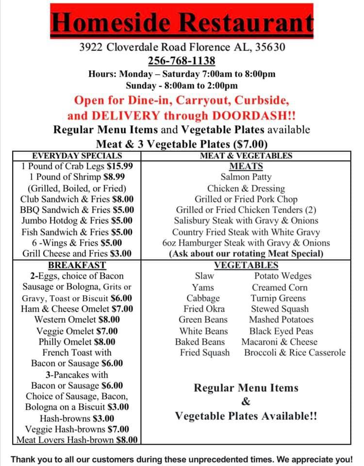 Menu at Homeside Restaurant - Cloverdale Rd., Florence, Cloverdale Rd