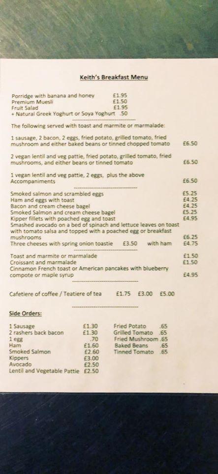 Menu at Keith's pub & bar, Liverpool