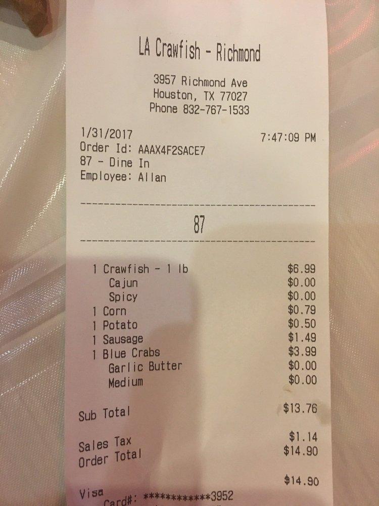 Menu at LA Crawfish restaurant, Houston, Richmond Ave