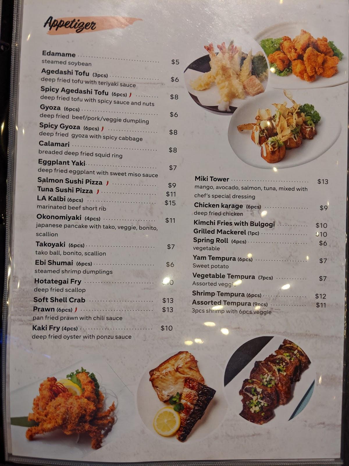 Menu at MiKi sushi restaurant, Markham