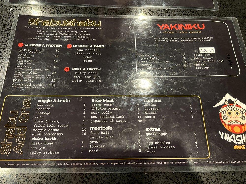 Menu at Yakishabu Sushi House BBQ, Anchorage