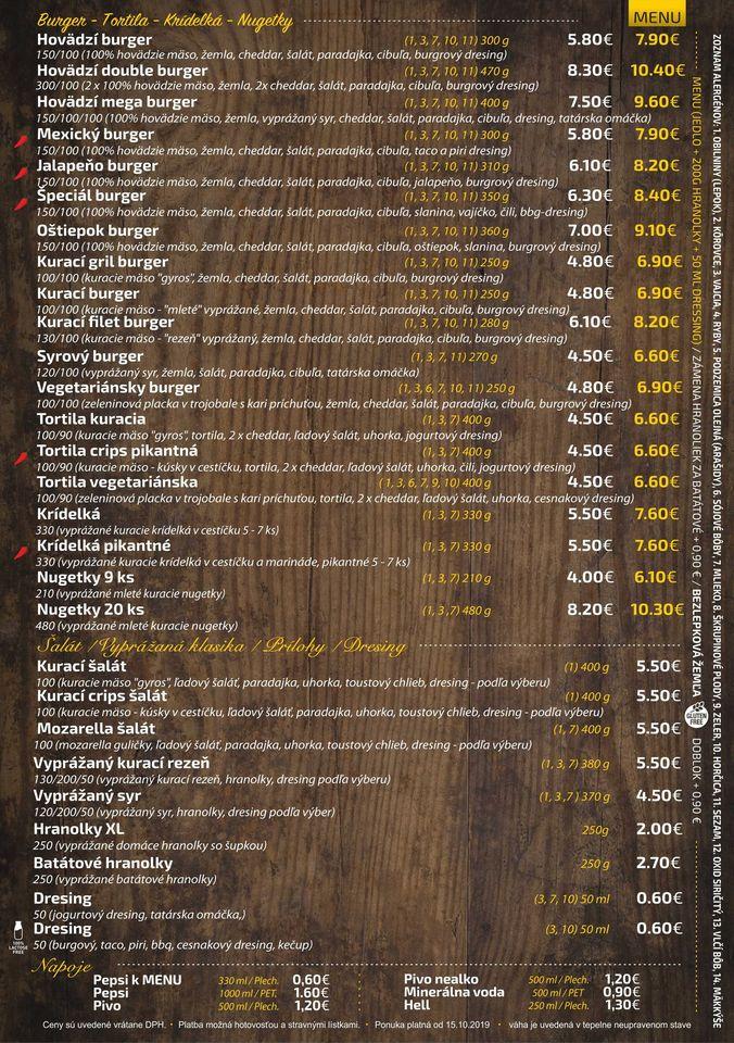 Menu at e-Burger restaurant, Levice