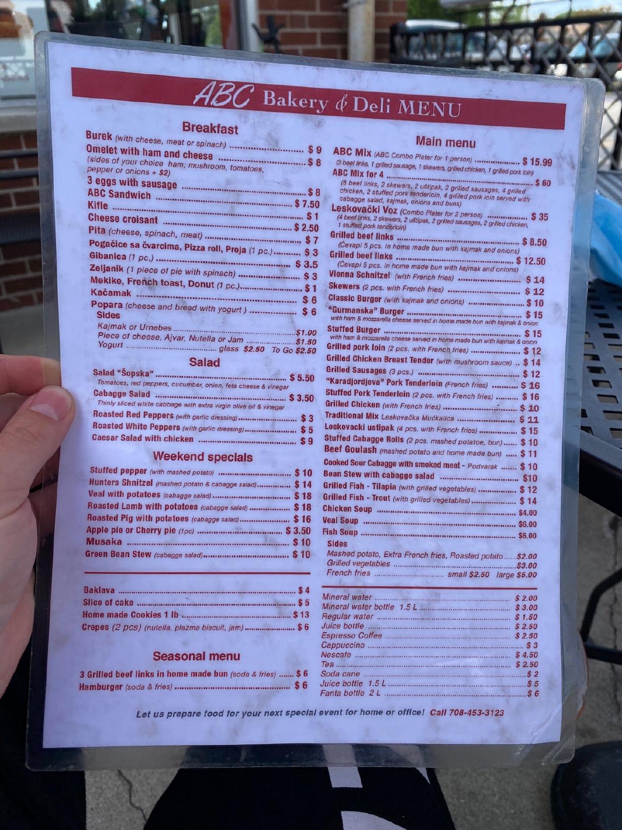 Menu at ABC Bakery & Deli, Norridge