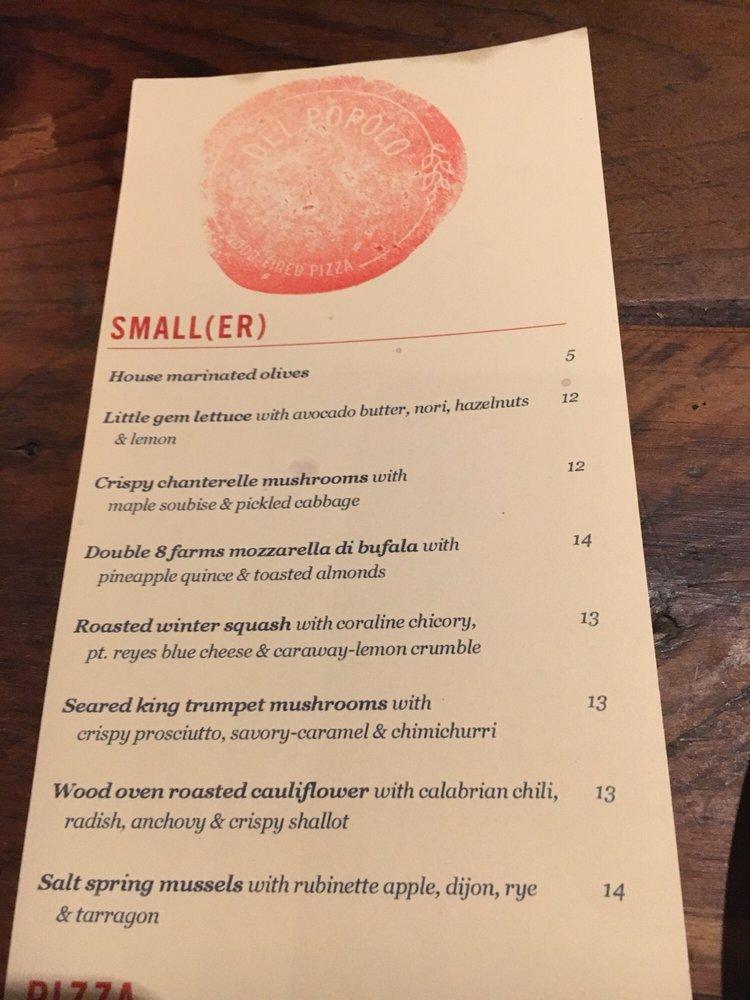 Menu at Del Popolo pizzeria, San Francisco, 855 Bush St