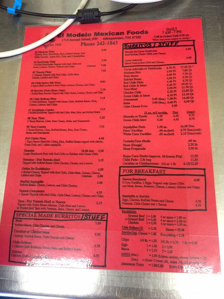 Menu at El Modelo Mexican Foods restaurant, Albuquerque