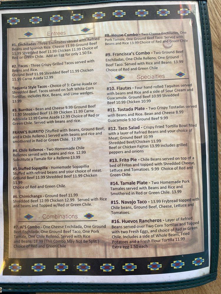 Menu at Francisca's restaurant, Farmington