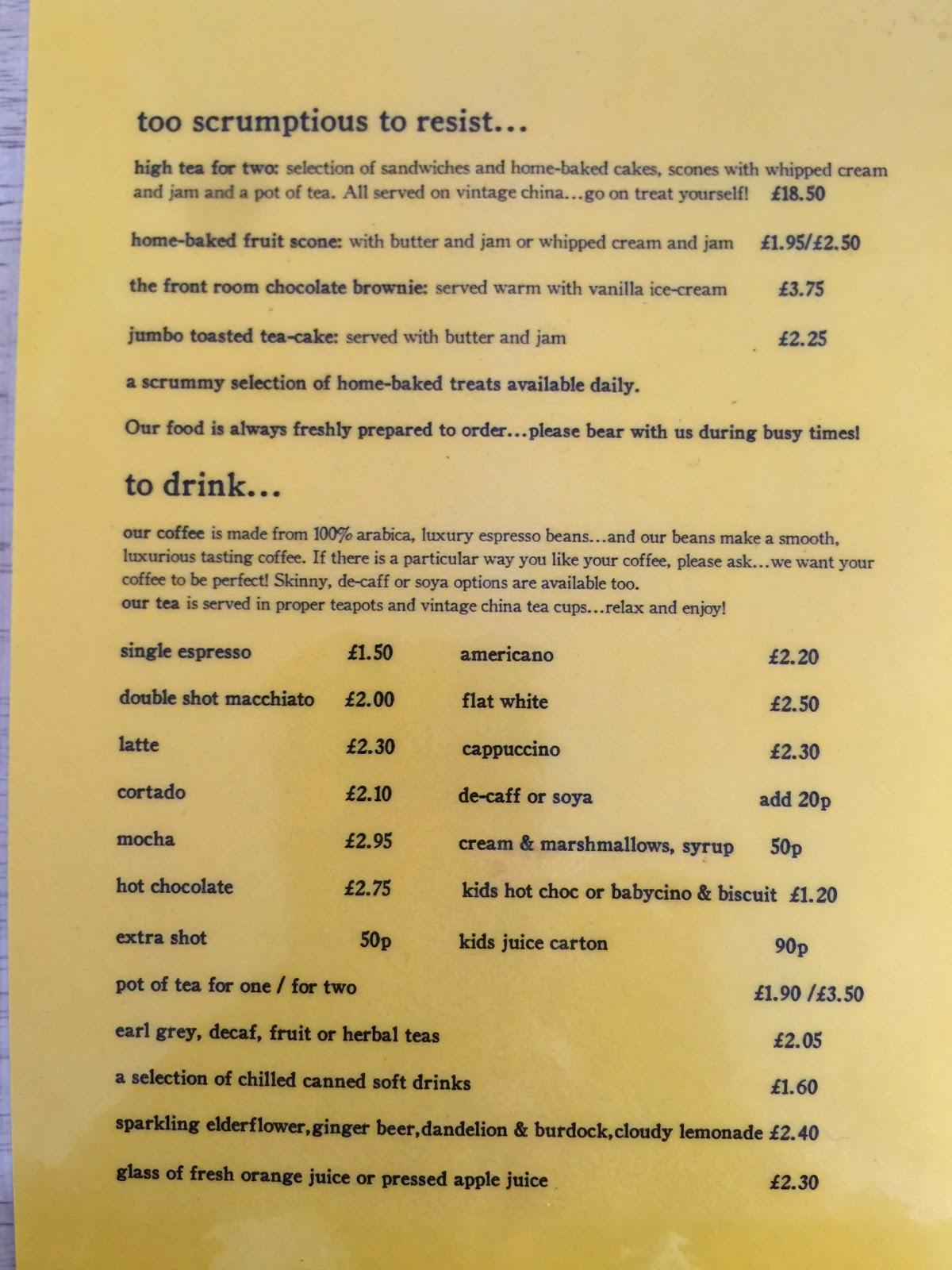 Menu at Front Room cafe, The Mumbles