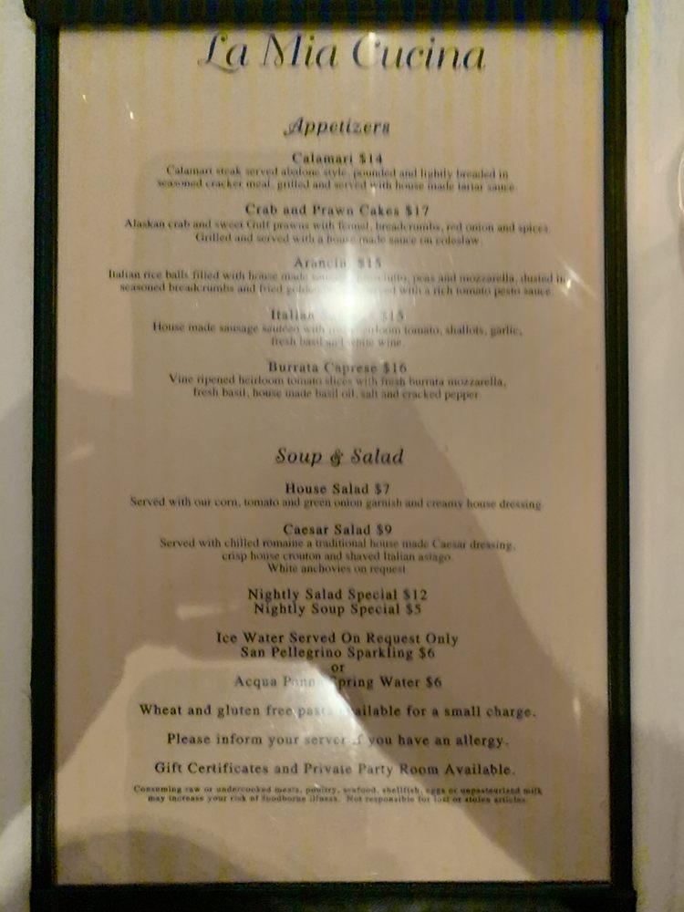 Menu at La Mia Cucina restaurant, Pacific Grove