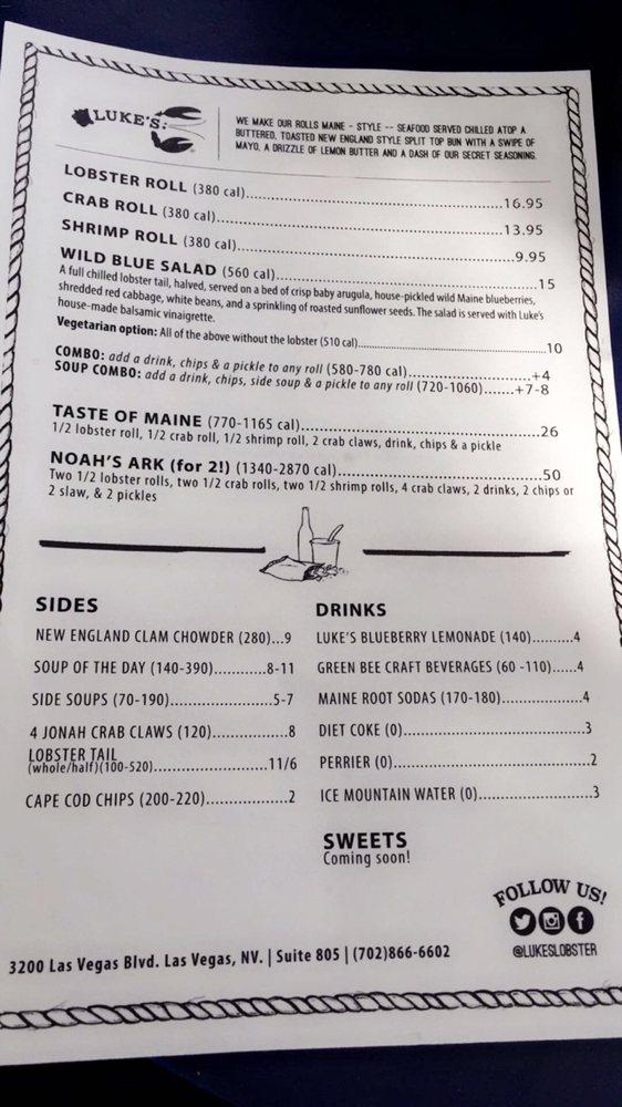 Menu at Luke's Lobster Las Vegas Fashion Show Mall restaurant, Las Vegas