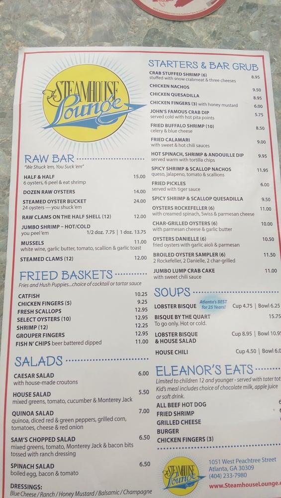 Menu at The Steamhouse Lounge pub & bar, Atlanta, W Peachtree St NW