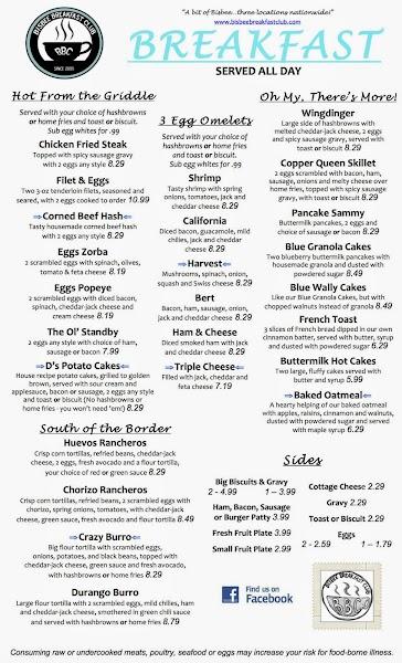 Menu at Bisbee Breakfast Club, Tucson, W Ina Rd