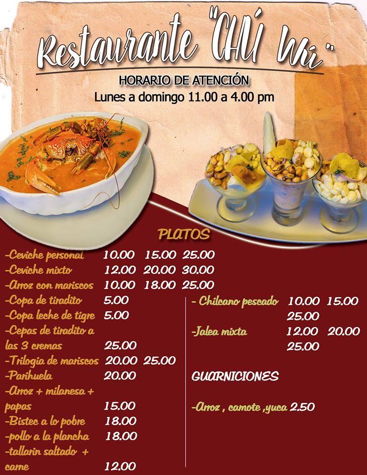 Menu at Chu Wu restaurant, Piura
