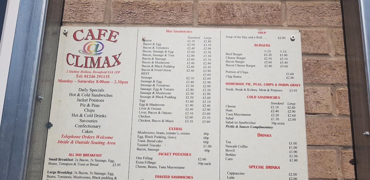 Menu at Climax Cafe, Dronfield