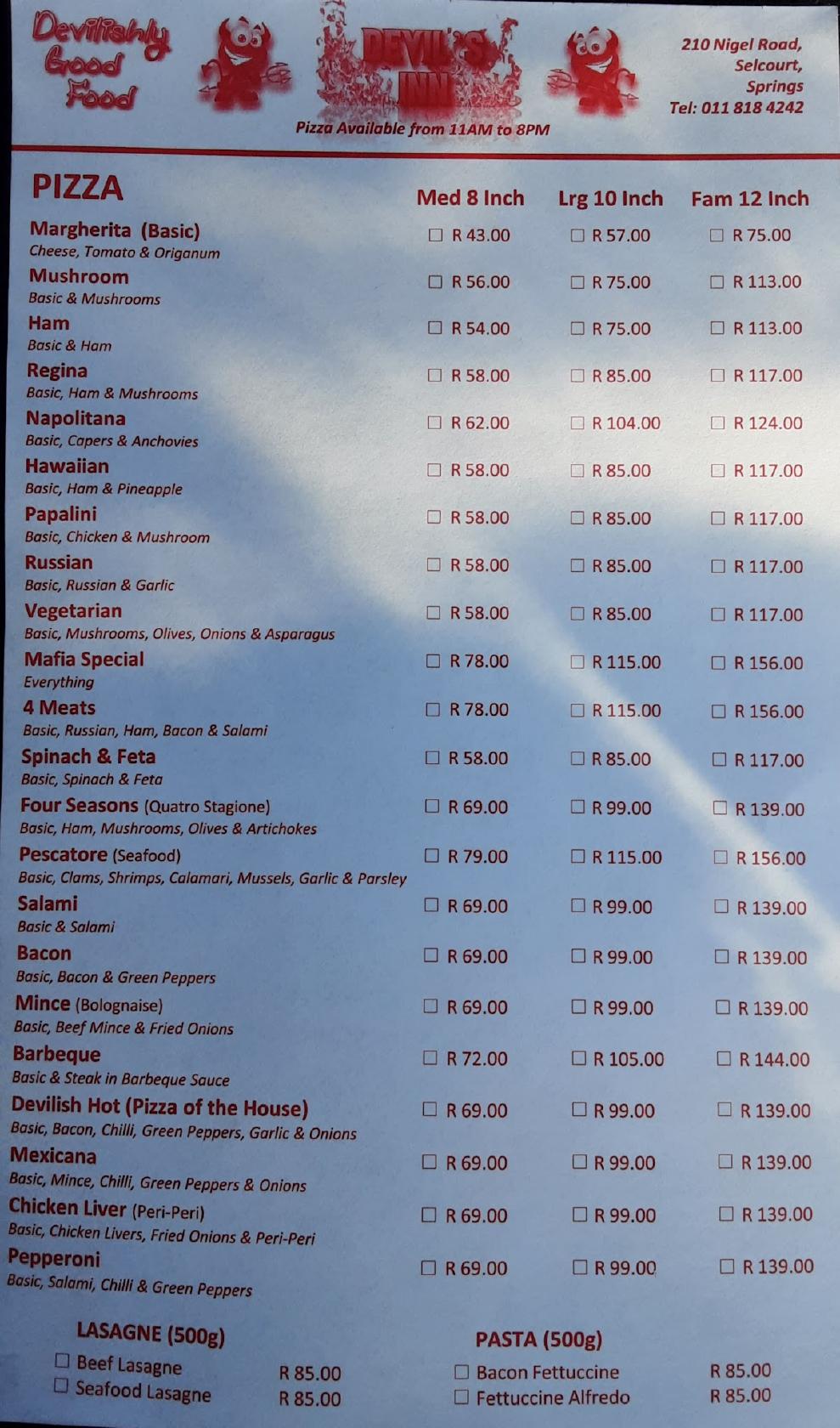 Menu at Devils Inn restaurant, Springs