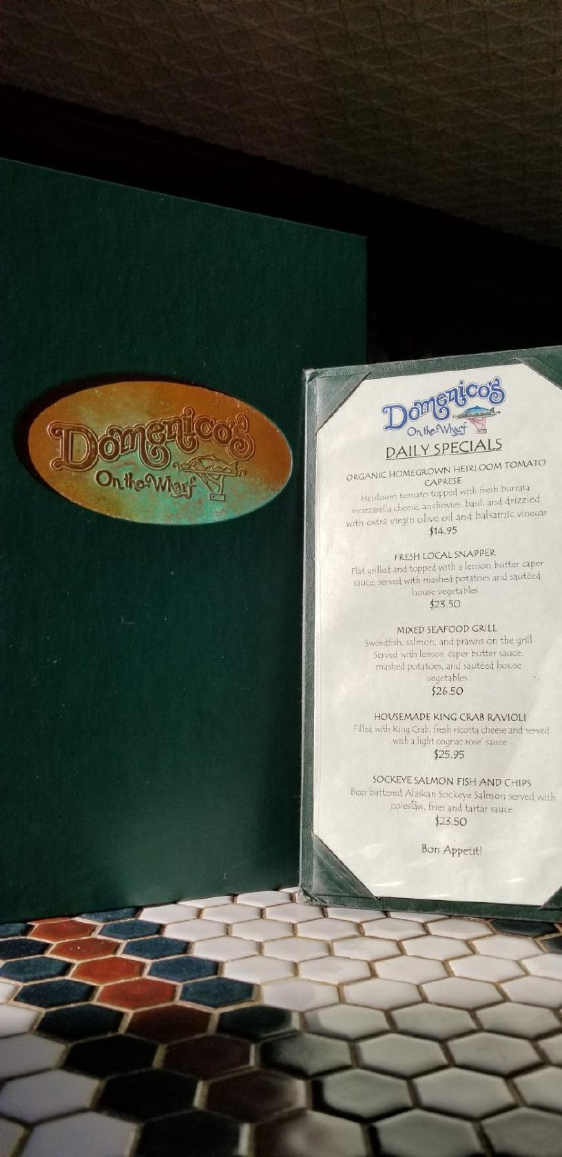 Menu at Domenico's on the Wharf restaurant, Monterey