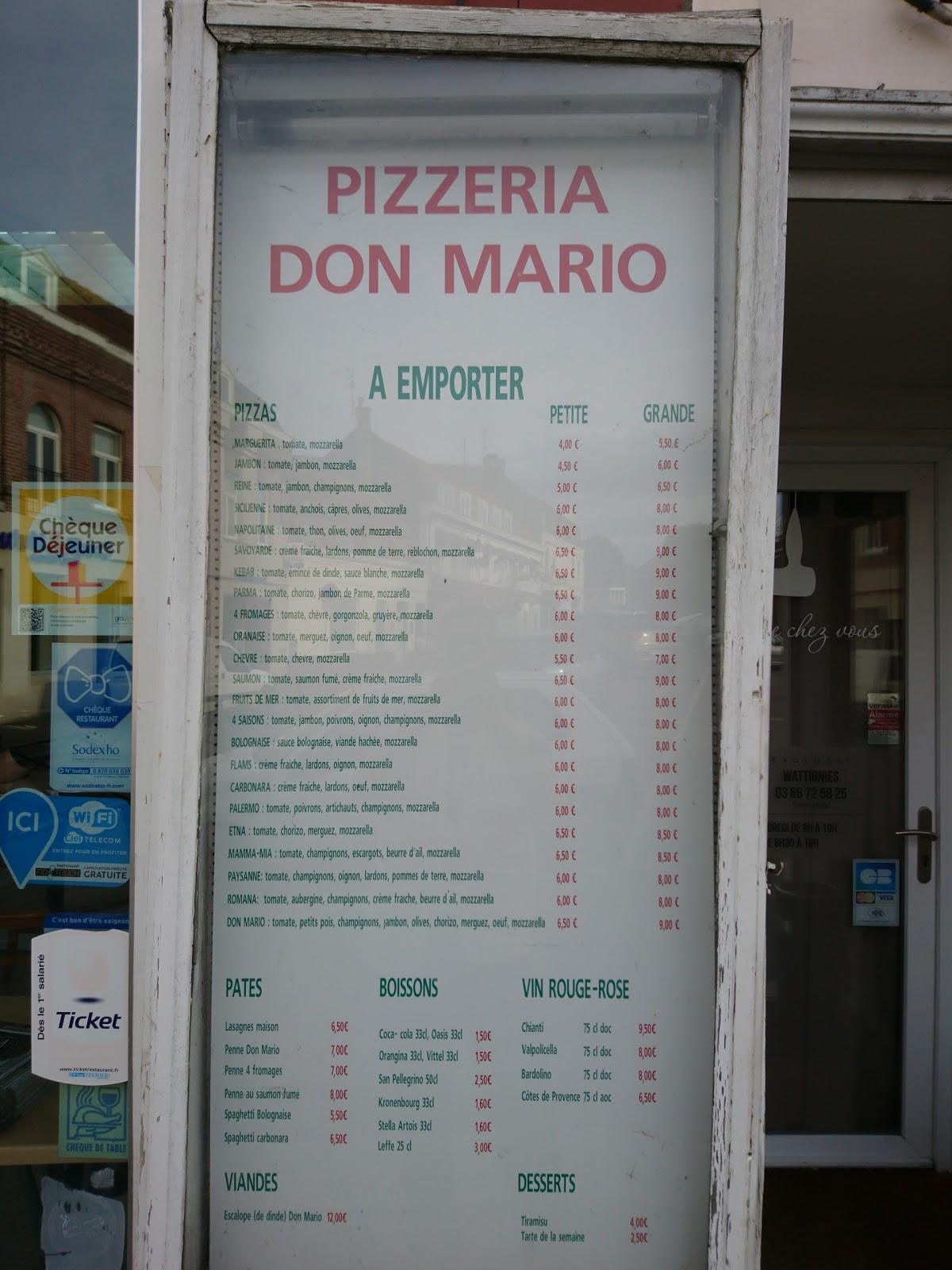 Menu au Don Mario pizzeria, Wattignies