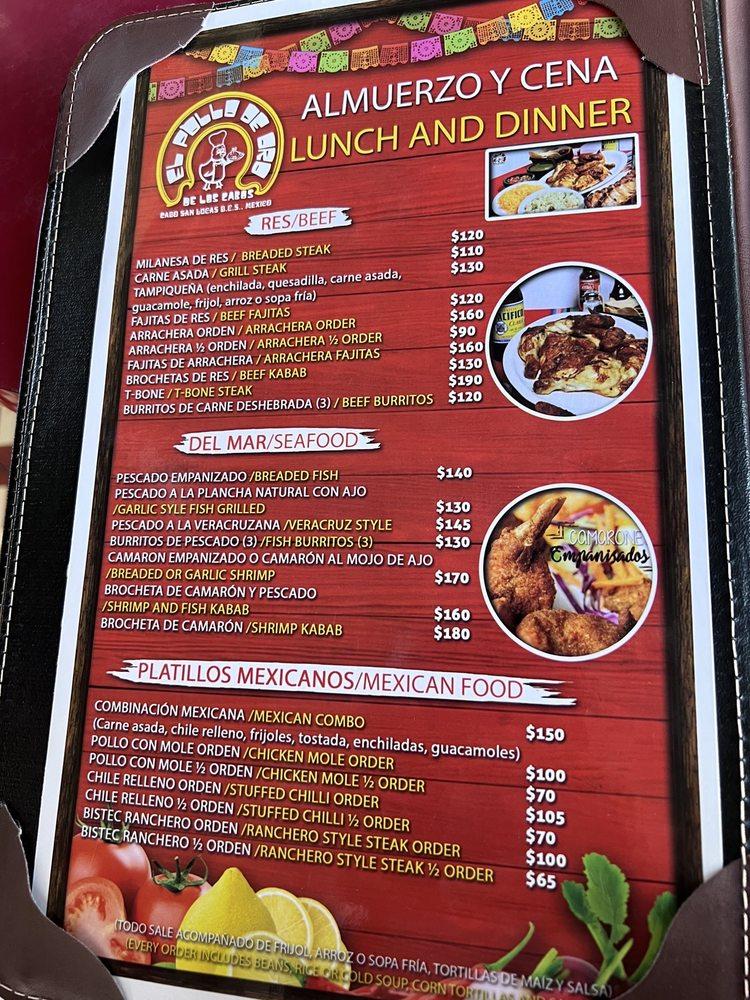 Menu at El Pollo de Oro restaurant, Cabo San Lucas