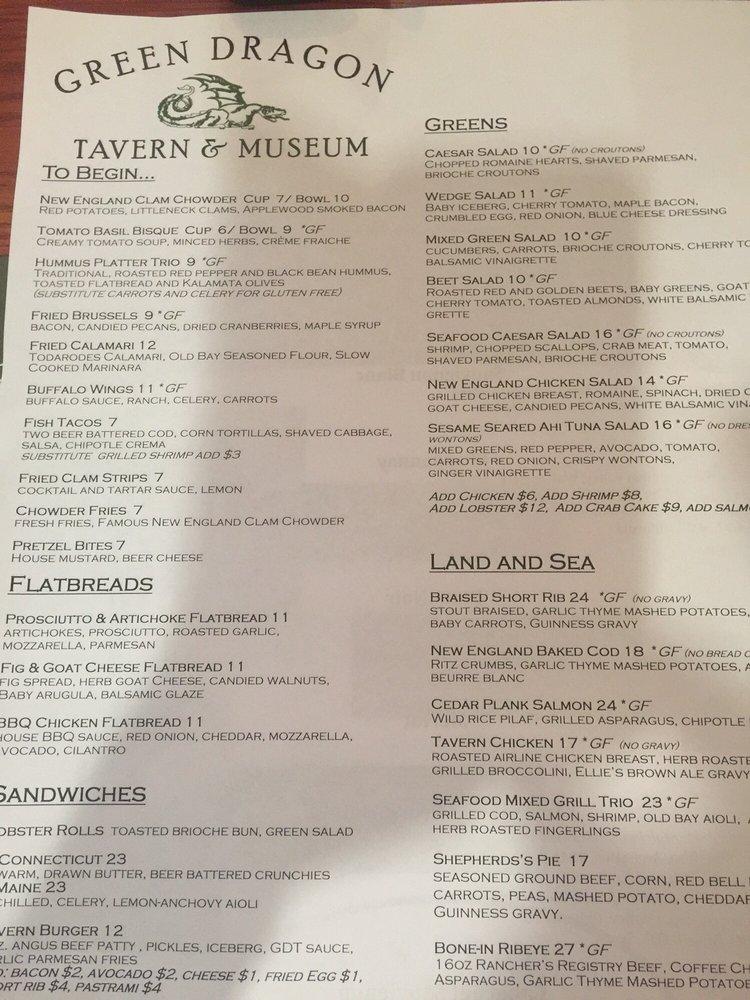 Menu at Green Dragon Tavern & Museum pub & bar, Carlsbad