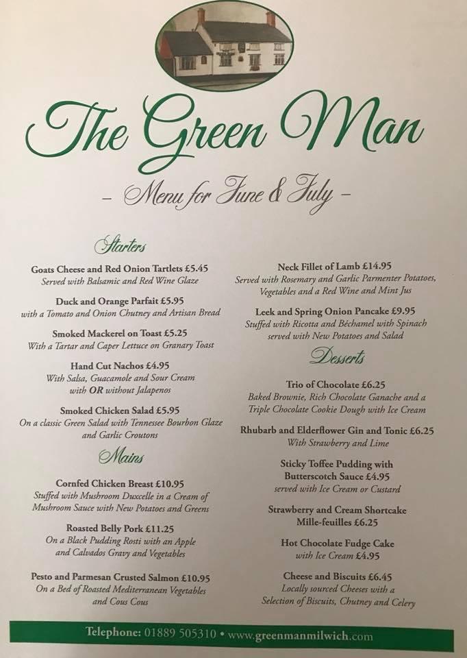 Menu at The Green Man pub & bar, Milwich