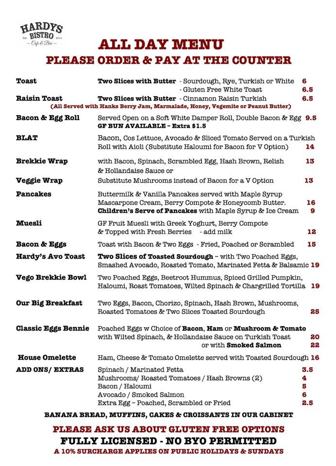 Menu at Hardy's Bistro pub & bar, Killcare