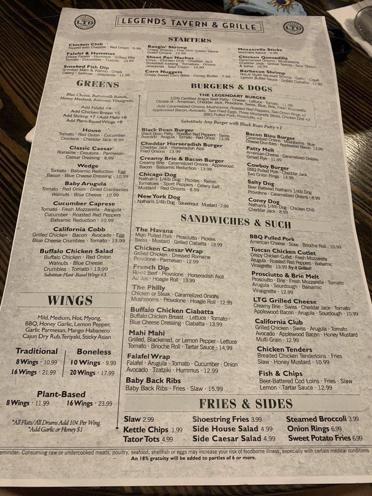 Menu at Legends Tavern & Grille - Plantation pub & bar, Plantation