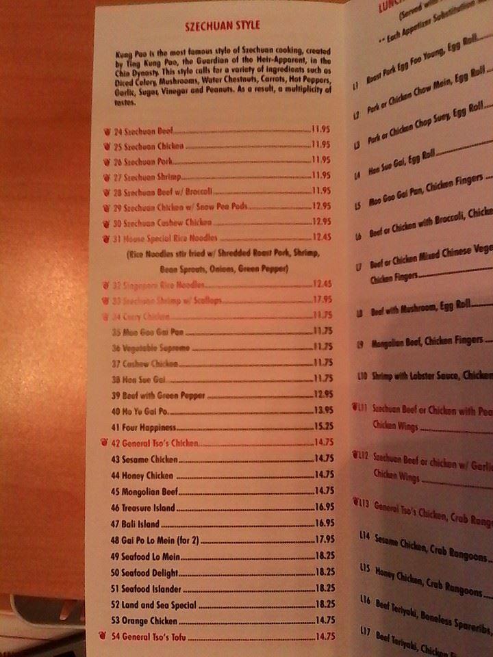 Menu at Pak Lee restaurant, Skowhegan