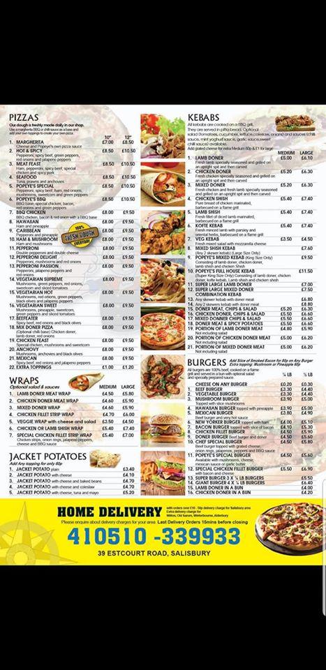 Menu at Popeye's fast food, Salisbury
