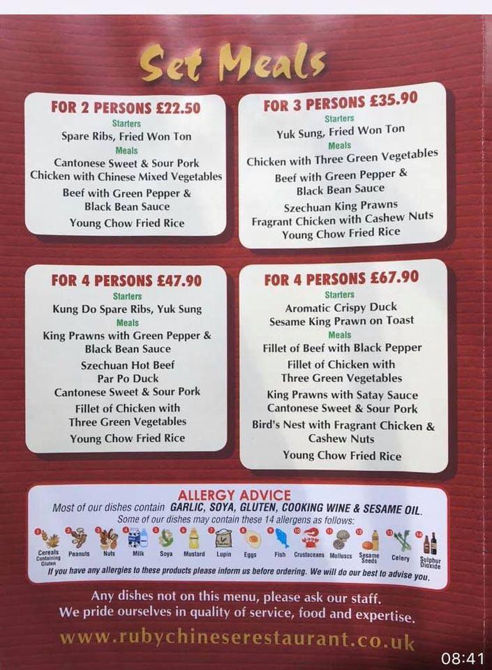 Menu at RUBY Cantonese and Chinese Restaurant, Lichfield, 29 St John St