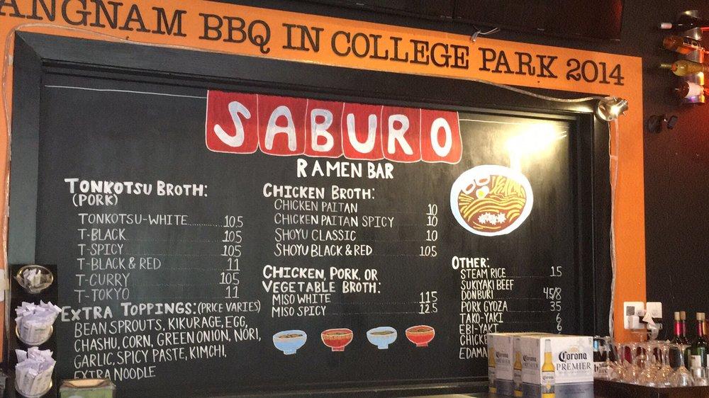 Menu at Saburo Ramen Bar, College Park