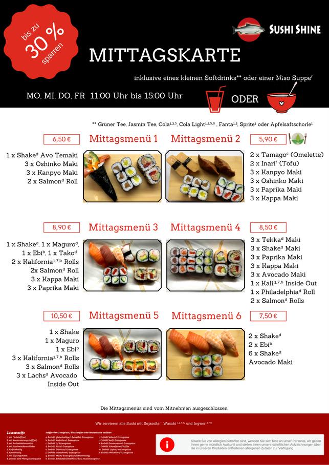 Menu at Sushi Shine restaurant, Frankfurt