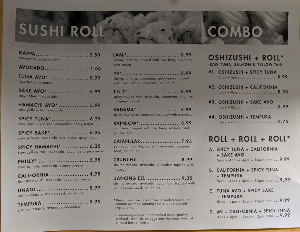 Menu at Sushi Takatsu restaurant, Minneapolis