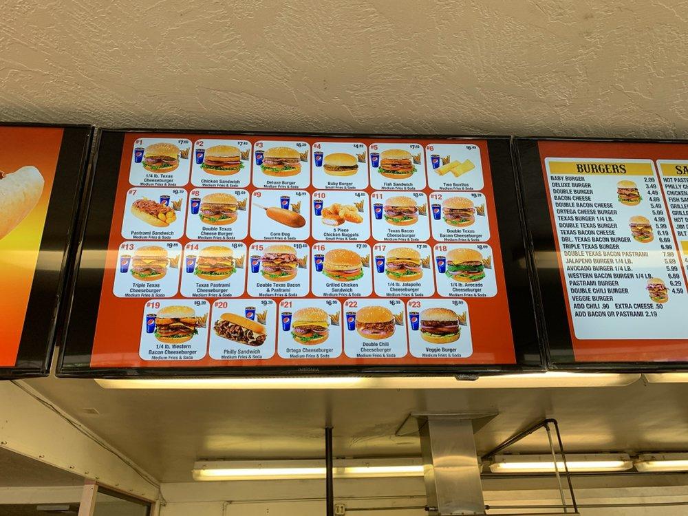 Menu at Texas Burger fast food, Patterson