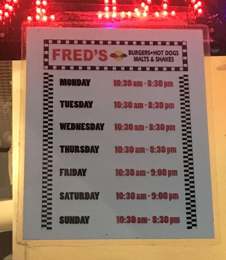 Menu at Fred's Old Fashioned Burgers restaurant, Alpine, Alpine Blvd