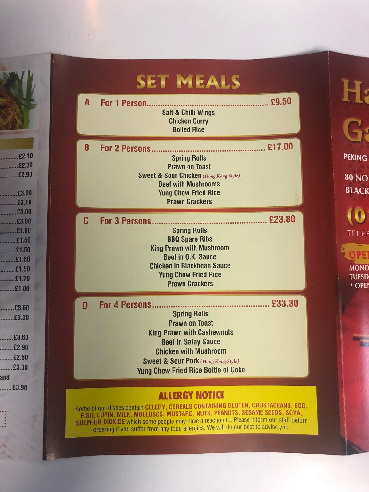 Menu at Happy Gathering fast food, Blackpool, 80 Norbreck Rd