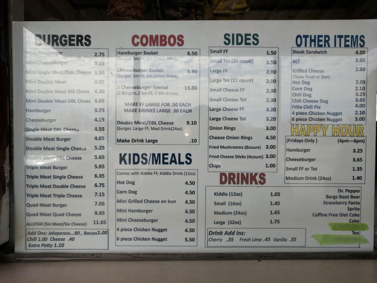 Menu at Jim's Jumbo Burger restaurant, Ponca City