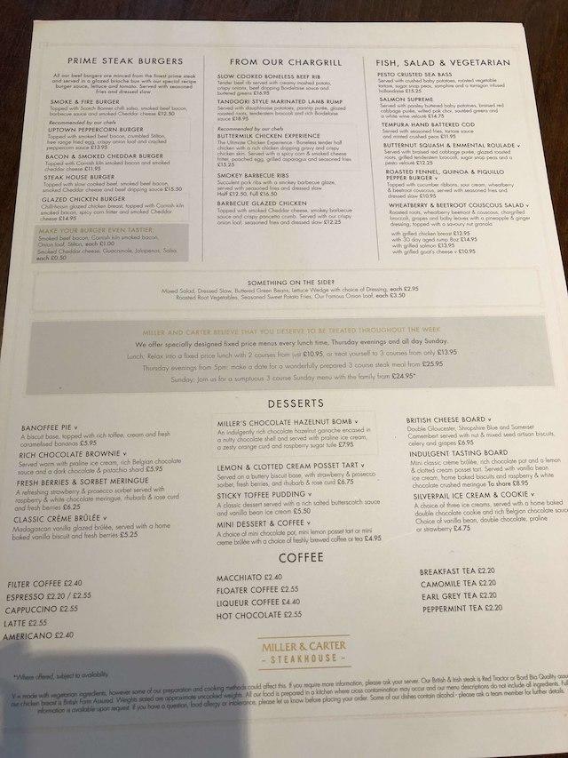 Menu at Miller & Carter fast food, Liverpool