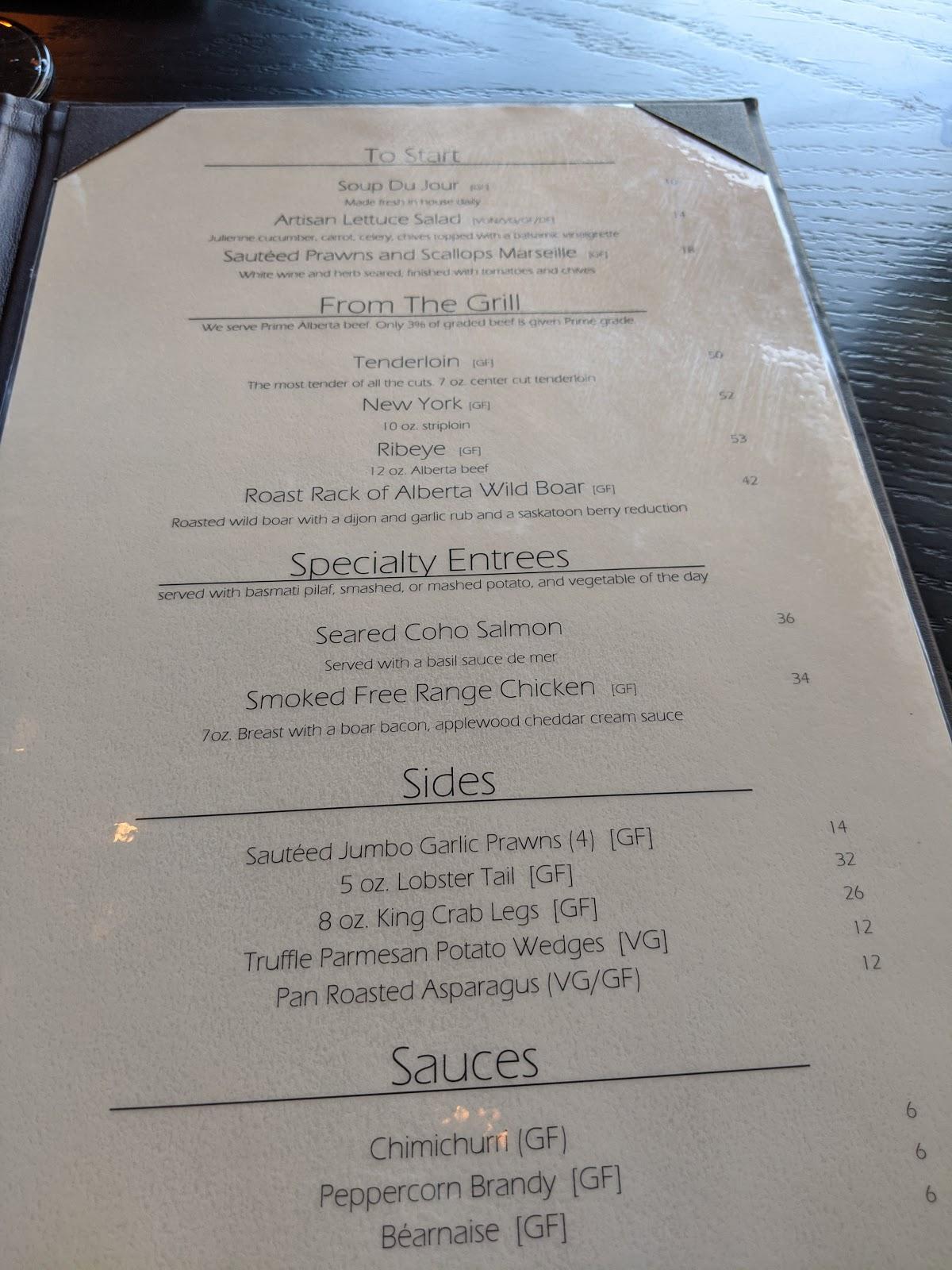 Menu at Rustica Steakhouse, Canmore