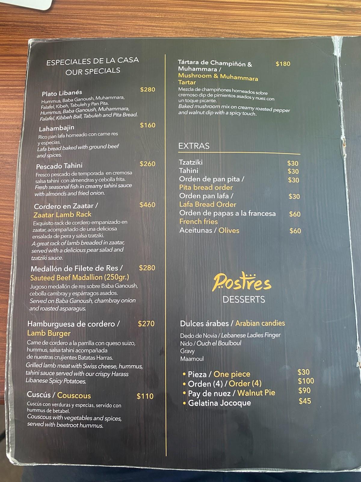 Menu at Tahini restaurant, Playa del Carmen