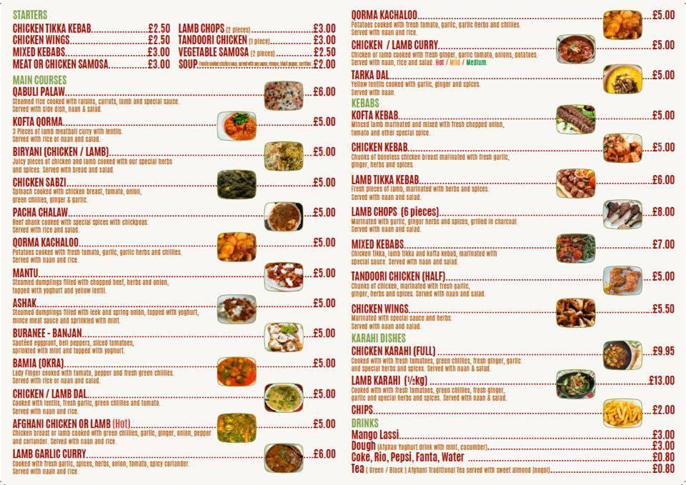 Menu at Afghan Palace Restaurant, Stoke-on-Trent, 32 Waterloo Rd