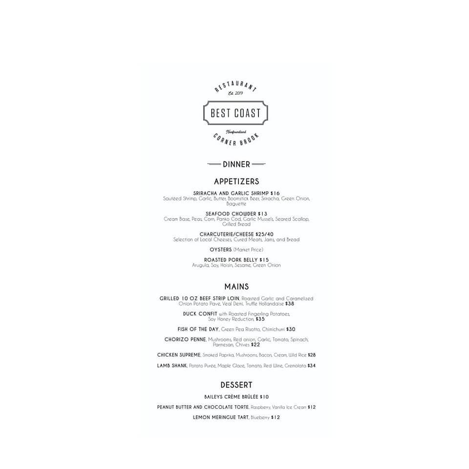 Menu at Best Coast Restaurant, Corner Brook