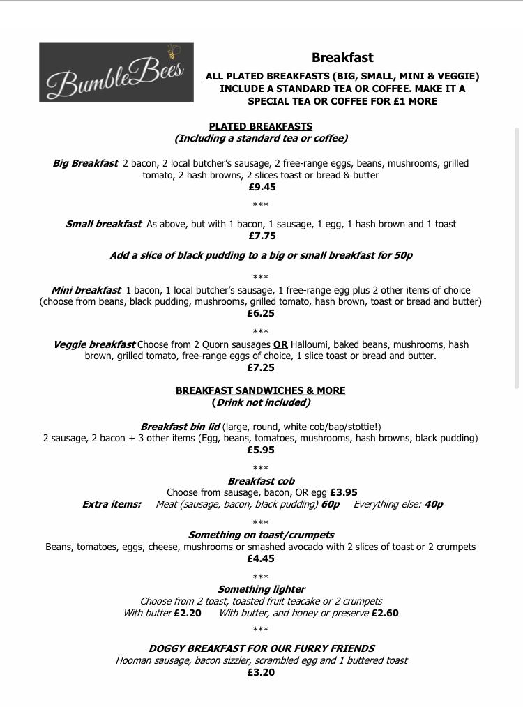 Menu at Bumblebees, Derby