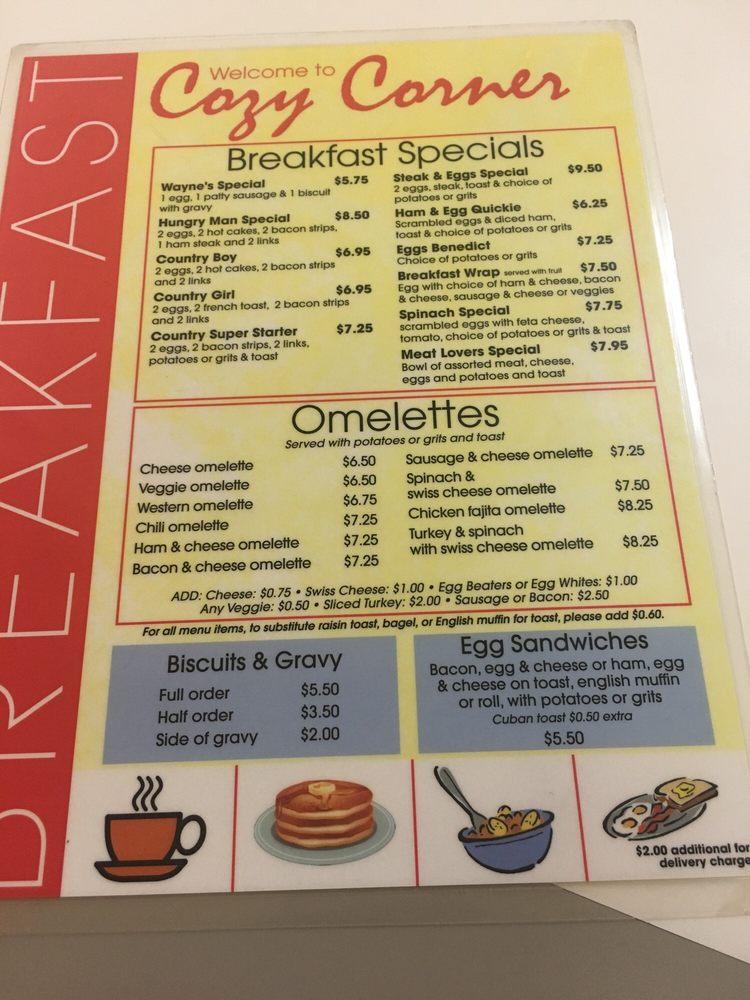 Menu at Cozy Corner restaurant, Miami Springs, 90 Westward Dr