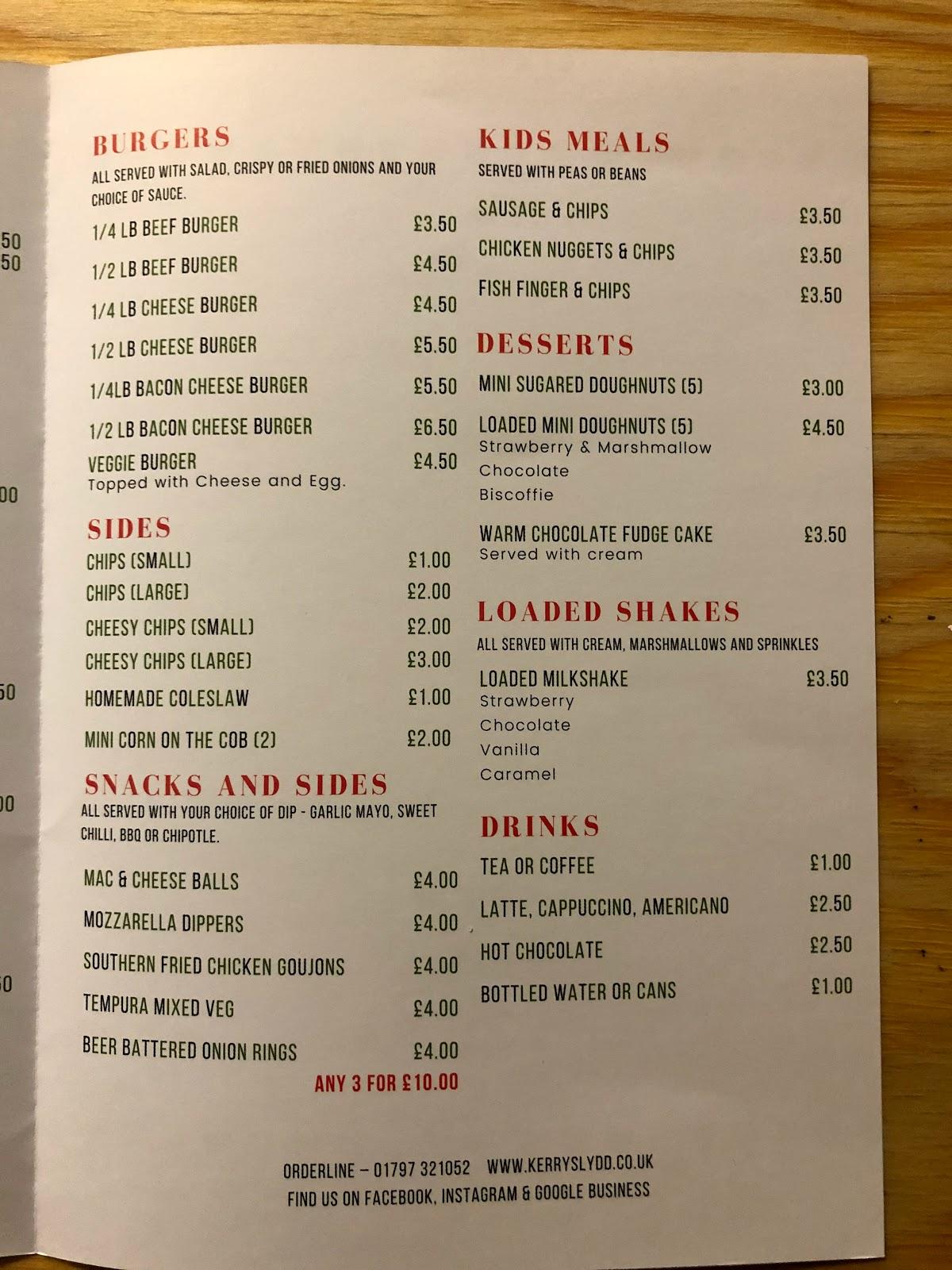 Menu at Kerrys Kitchen cafe, Lydd